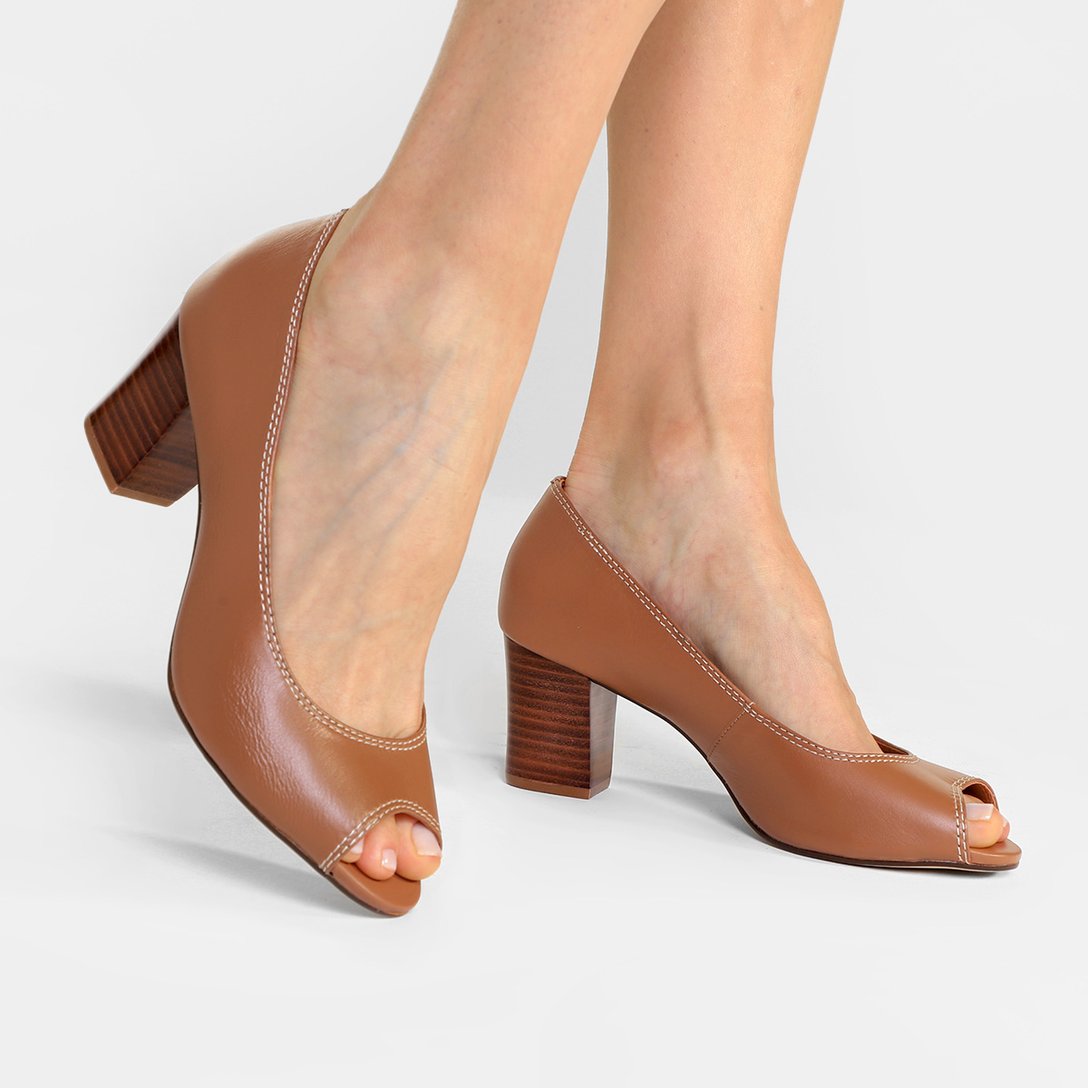 Peep Toe Couro Shoestock Pesponto Salto Bloco - Marrom | Shoestock